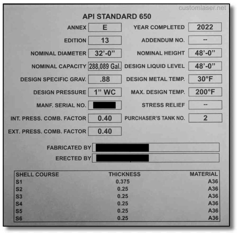 API 650 TANK DATA PLATES - Best quality custom laser engraving, laser ...